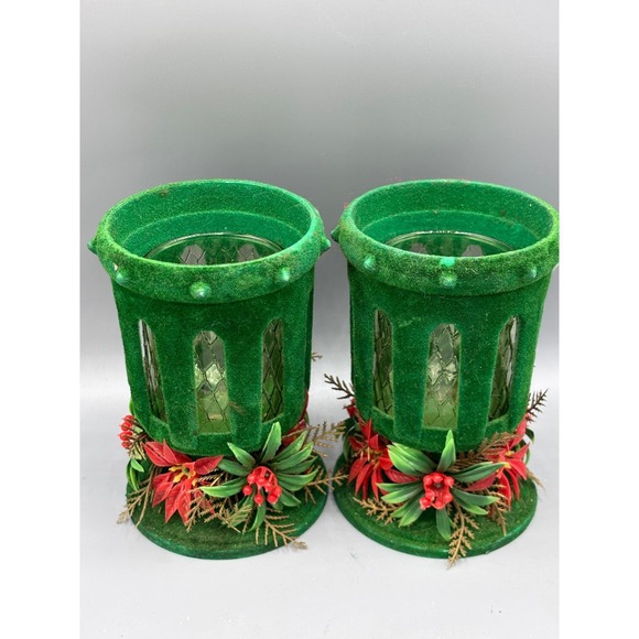 Accents | Vtg Candle Holders Flocked Green Holiday Glass Inserts ...